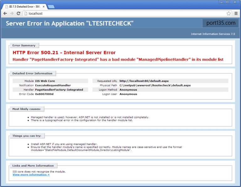 Solved For The Error Handler Pagehandlerfactory Integrated Has A Bad Module 