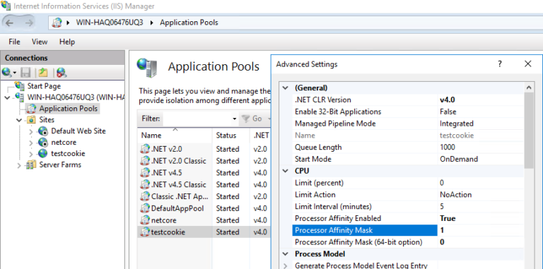 Limit Iis Website Application Pool To Use Specific Processors Only Processor Affinity
