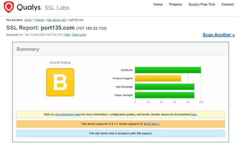 Security Scan (Qualys SSL Labs) shows TLS 1.0 and 1.1 are enabled