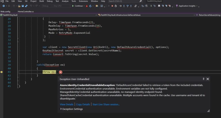 DefaultAzureCredential failed to retrieve a token (Azure Key Vault)